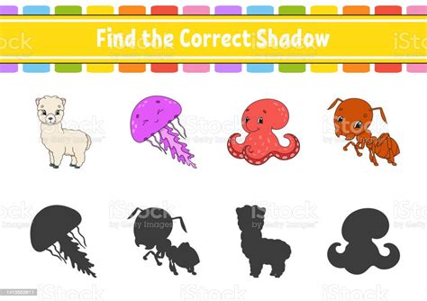 올바른 그림자를 찾습니다 워크시트를 개발하는 교육 아이들을위한 일치하는 게임 색상 활동 페이지입니다 아이들을위한 퍼즐 귀여운 캐릭터 벡터 그림입니다 만화 스타일 교육에 대한