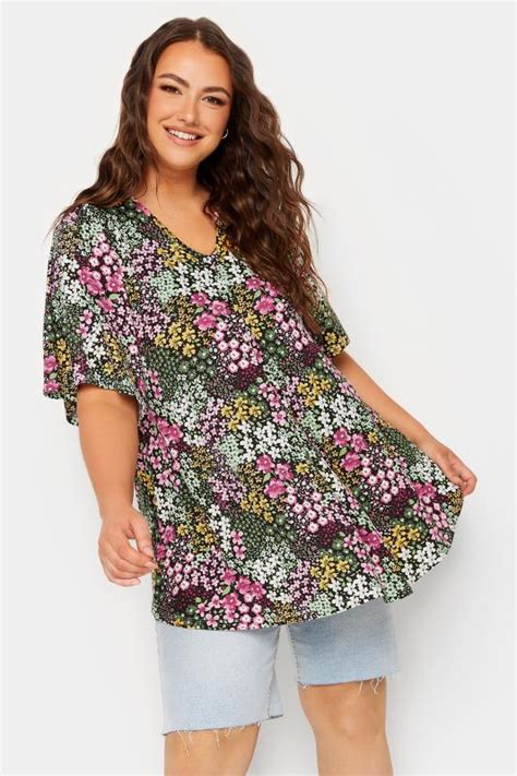 Yours Curve Plus Size Green Floral Ditsy Top Yours Clothing