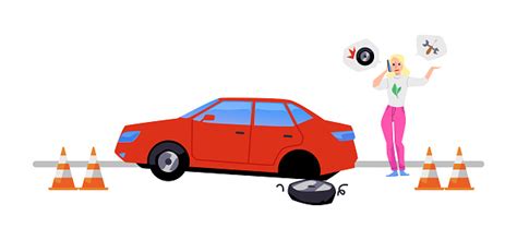 수리 상점이나 견인 트럭에 전화하여 깨진 자동차 흰색 배경에 고립 된 플랫 벡터 일러스트레이션을 돕는 여성 거리에 대한 스톡 벡터 아트 및 기타 이미지 Istock