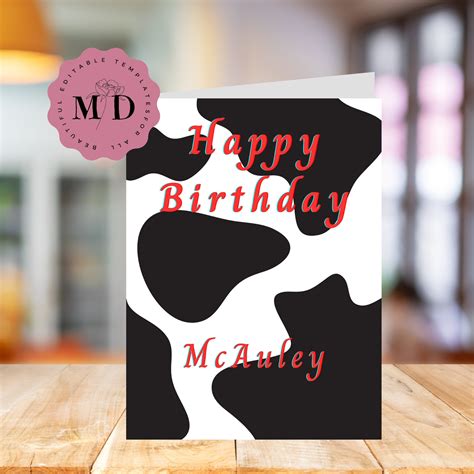 Editable Cow Birthday Card Template Digital Download Farmer Card
