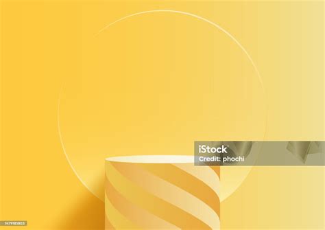 3d 현실적인 노란색 연단 플랫폼 스탠드 실린더 모양 나선형 줄무늬와 원형 유리 투명 배경 노란색 배경 최소 스타일 3차원 형태에 대한 스톡 벡터 아트 및 기타 이미지