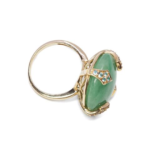 Round Cabochon Jade And Gemstone Ring In 14ct Yellow Gold Size R 1 2