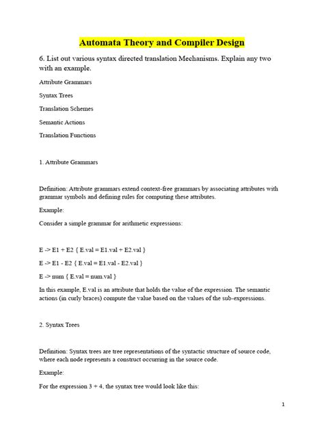 Automata Theory And Compiler Design 1 Pdf Parameter Computer