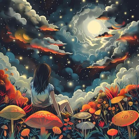 Night Sky Dreamland Girl Gazing At The Moon Premium Ai Generated Image