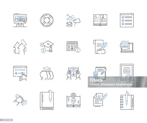 편지지 개요 아이콘 모음입니다 펜 종이 노트북 연필 지우개 크레용 눈금자 벡터 및 일러스트레이션 개념 세트 스테이플러 가위 접착제 선형 표지판 달력에 대한 스톡 벡터 아트