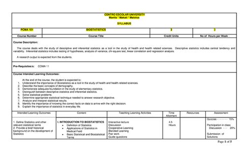 Syllabus Pcma 101 Biostatistics 2 Centro Escolar University Manila