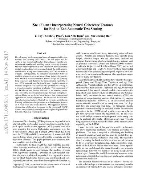 Skipflow Incorporating Neural Coherence Features For End To End Automatic Text Scoring Deepai