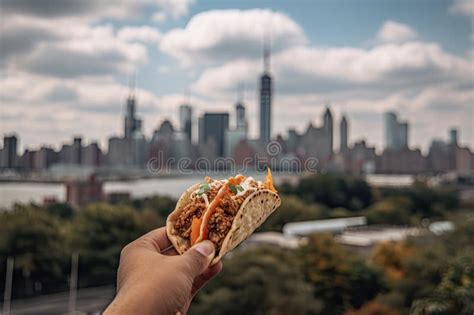 Person Taking Bite Of Juicy Taco With View Of Bustling Cityscape