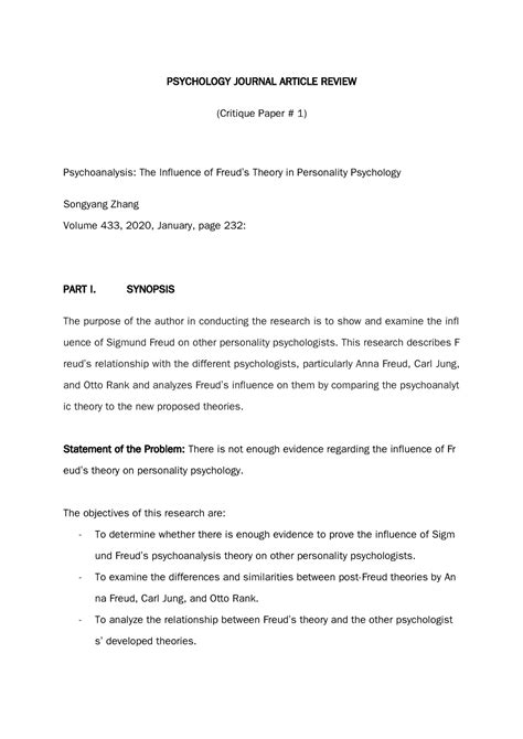Psy 6 Lecture Notes In Psychology Psychology Journal Article Review Critique Paper 1