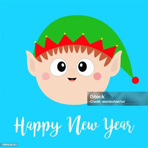 새해 복 많이 받으세요 산타 요정 머리 둥근 얼굴 아이콘입니다 녹색 모자입니다 즐거운 성탄절 귀여운 만화 재미 귀여운 아기 캐릭터입니다 평면 디자인 파란색 배경 검은색에