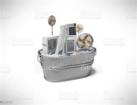 그림자가 드리고 회색 배경에 격리 된 얼음 양동이의 에어컨 및 냉장 가전 제품의 3d 렌더링 개념 0명에 대한 스톡 사진 및 기타 이미지 Istock