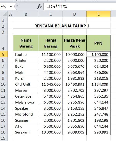 Menghitung Dpp Dan Ppn 11 Persen Dengan Rumus Excel Untuk Dana Bos Sekolah Depot Excel