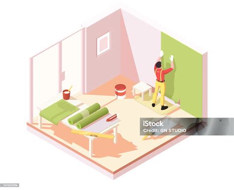 인테리어 작업 서비스의 벽지 작업자 노란색 빨간색 유니폼 접착 벽지 녹색 방 안의 전문 수리공 집 실내 품질 작업 혁신 프로세스 아이소메트릭 벡터 그림 등측투영법에 대한