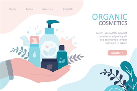 손은 다른 천연 제품을 보유하고 있습니다 라벨이 있는 다양한 병 튜브 및 항아리 유기농 화장품 스킨케어 비건 제품 컨셉 생활필수품에 대한 스톡 벡터 아트 및 기타 이미지