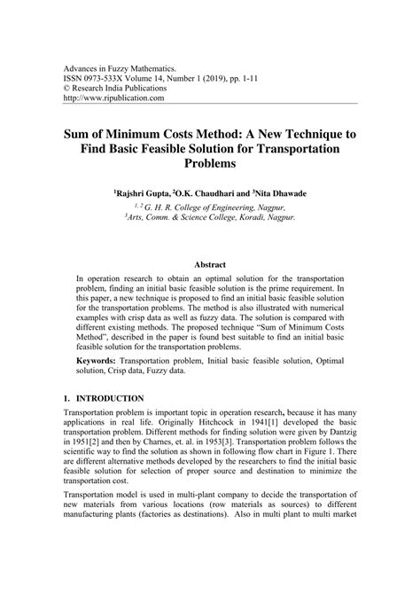 Pdf Sum Of Minimum Costs Method A New Technique To Find Basic Feasible Solution For