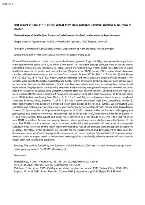 Pdf First Report Of Race Ttrtf Of The Wheat Stem Rust Pathogen Puccinia Graminis F Sp