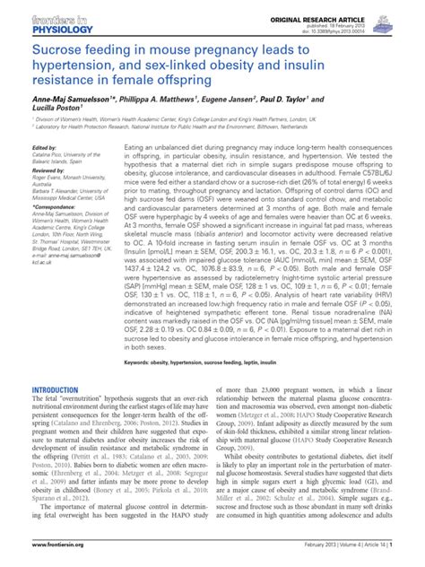 Sucrose Feeding In Mouse Pregnancy Leads To Hypertension And Sex Linked Obesity And Insulin