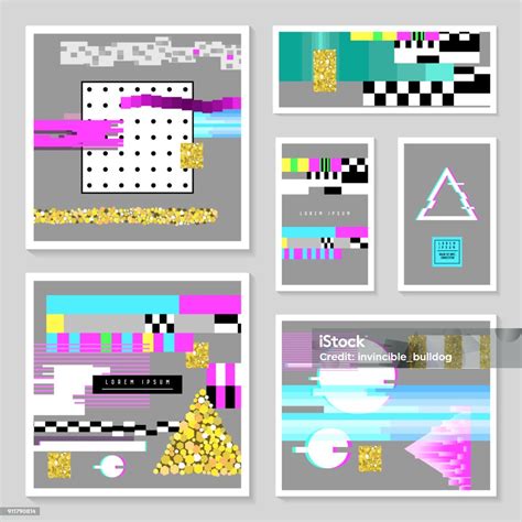 결함이 디자인 포스터 템플릿이 설정합니다 Cyberpunk 디지털 배경 그라데이션 기하학적 요소입니다 패브릭 패션 80 년대90 년대 전단지 커버에 대 한 추상 구성 벡터