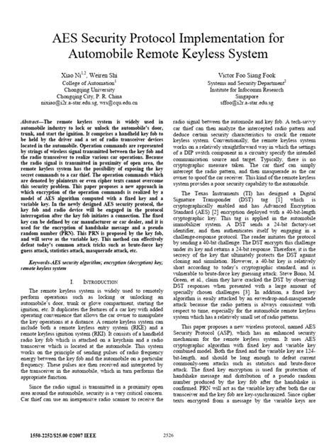 Aes Security Protocol Implementation For Automobile Remote Keyless System Pdf Encryption
