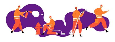 구조 장비와 소방 관 문자 소방 소방 방재 컨셉 소화기와 헬멧에 소방 관 벡터 평면 그림 남자에 대한 스톡 벡터 아트 및 기타