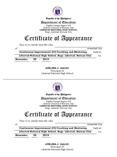 Deped Certificate Of Appearance Template Editable