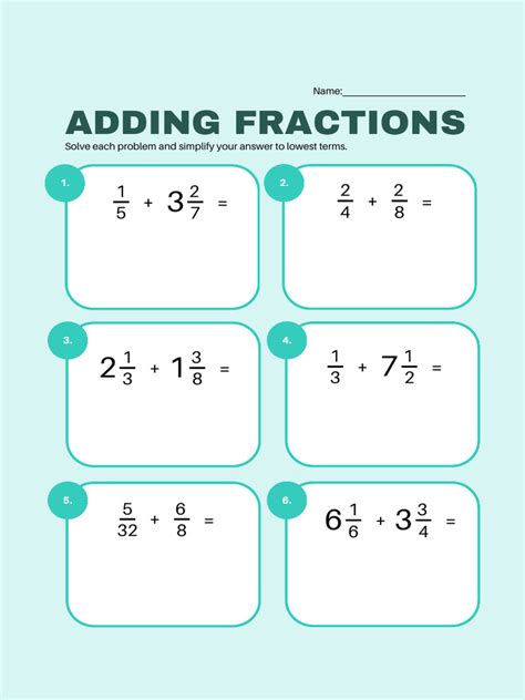 Adding And Subtracting Fractions Math Printable Worksheet Blue Pdf