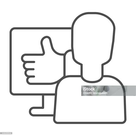 남자와 모니터 엄지 손가락 손 얇은 선 아이콘 신경 데이터 세트 개념 벡터 그래픽입니다 사용자 긍정적 인 피드백 데이터 흰색 배경에 표시 모바일 또는 웹 디자인을위한 개요