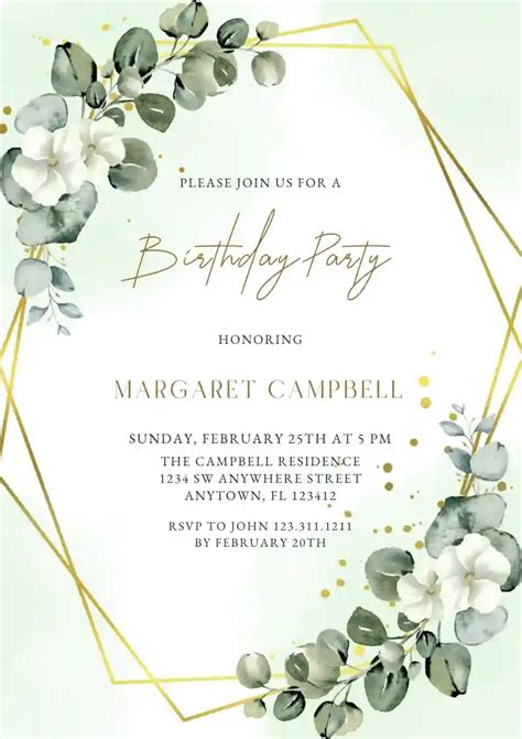 유칼립투스 기하학적 프레임 무료 성인 생일 초대장 템플릿 Invitanku