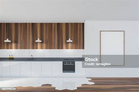 벽에 흰색 포스터가있는 현대적인 주방 인테리어 싱크대와 밥솥이 내장 된 나무 조리대 복사 공간을 모의합니다 0명에 대한 스톡 사진 및 기타 이미지 Istock