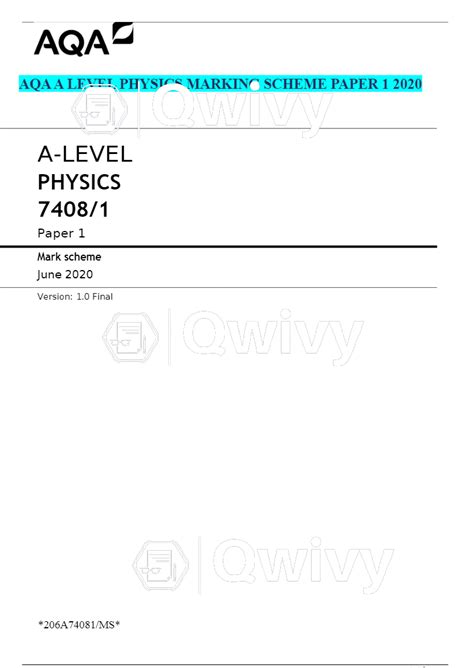 Aqa A Level Physics Marking Scheme Paper 1 2020 A Level Physics 74081 A Level Physics Aqa A Level Physics Marking Scheme Paper 1 2020 A Level Physics 74081 A Level Physics