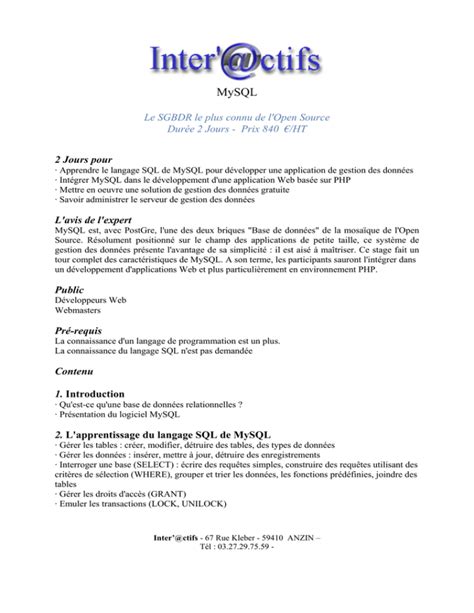 Le Sgbdr Le Plus Connu De L`open Source Durée 2 Jours