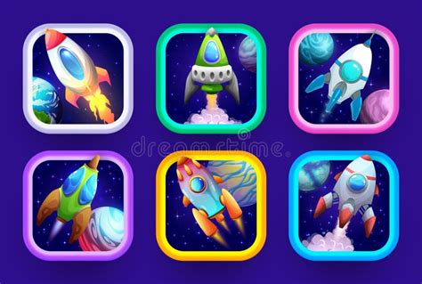 Cartoon Space Game App Icons Rockets Spaceship Stock Vector Illustration Of Planet