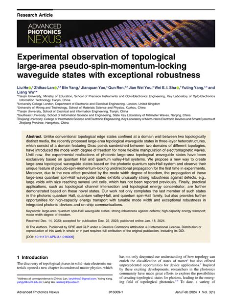 Pdf Experimental Observation Of Topological Large Area Pseudo Spin Momentum Locking Waveguide