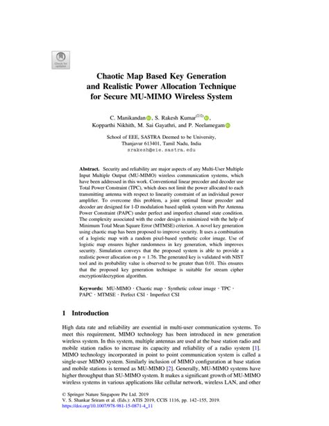 Pdf Chaotic Map Based Key Generation And Realistic Power Allocation Technique For Secure Mu