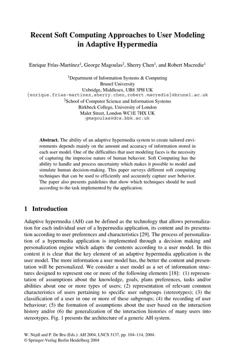 Pdf Recent Soft Computing Approaches To User Modeling