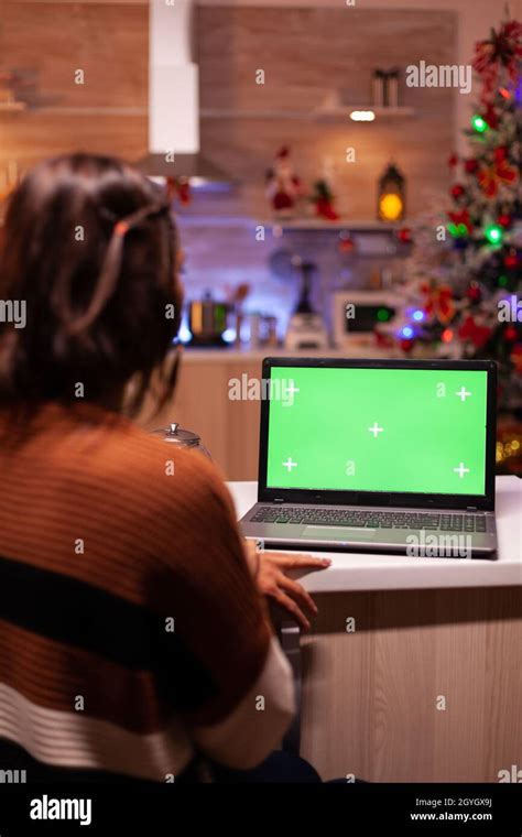 Caucasian Adult Looking At Laptop Computer With Green Screen Modern Technology For Mockup