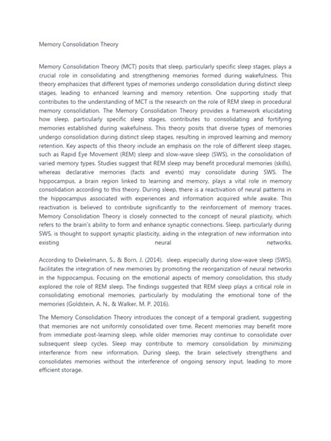 Memory Consolidation Theory Pdf Memory Sleep
