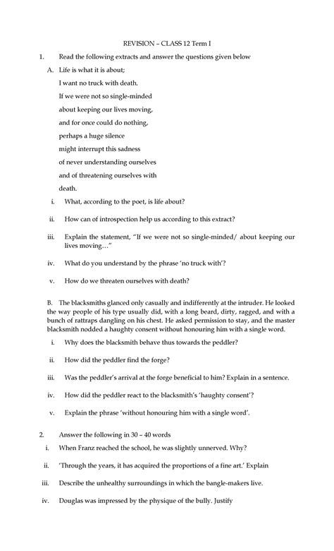 Revision Term I Class 12 Revision Class 12 Term I Read The Following Extracts And Answer