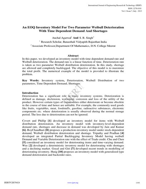 Pdf An Eoq Inventory Model For Two Parameter Weibull Deterioration