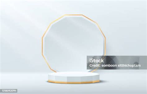 현대 화이트 팔각형 받침대 연단 실버 컬러 최소 벽 장면과 황금색과 흰색 팔각형 모양의 배경 벡터 렌더링 3d 모양 제품 표시 프리젠 테이션 추상적인 객실 디자인 강단에