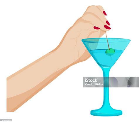 여성의 손은 마티니 유리에 올리브와 꼬치를 찍어 칵테일 알코올 음료 카페 레스토랑의 메뉴에 대한 그림 흰색 배경의 만화 벡터