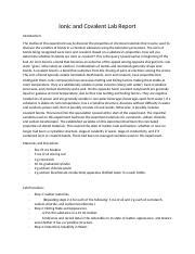 Ionic And Covalent Lab Report Docx Ionic And Covalent Lab Report Introduction The Motive Of