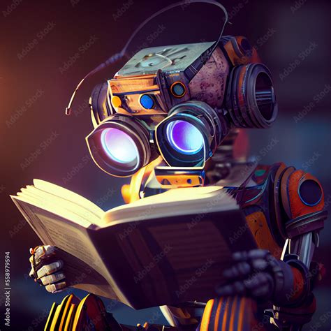 Cute Robot Reading A Book Technological Progress Cartoon Style