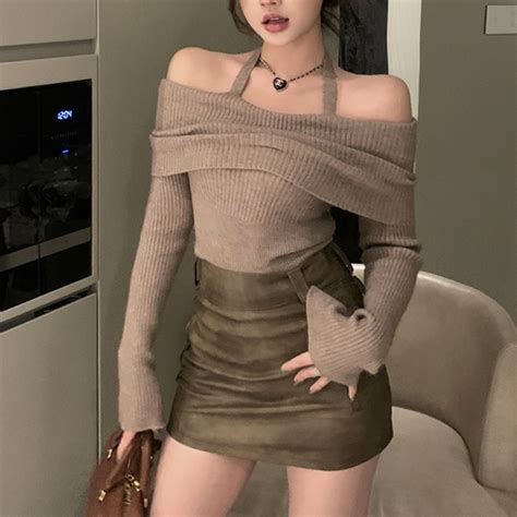 미라클 홀터넥 오프숄더 골지 니트 티셔츠 Fl125077pe