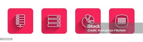 Set Line Server Pie Chart Infographic And Binary Code With Long Shadow Red Square Button Vector
