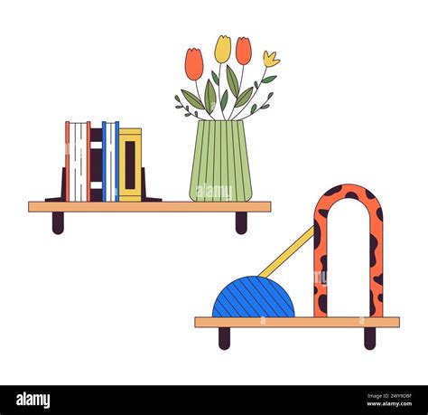 Books And Decorative Accessories On Shelves 2d Linear Cartoon Objects Set Stock Vector Image