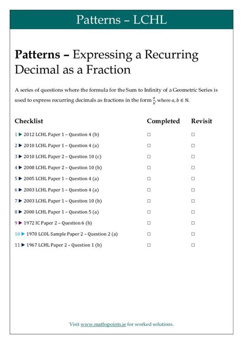 Patterns Recurring Decimal As Fraction Lchl Worksheets Maths Points