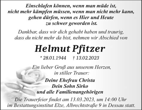 Traueranzeigen Von Helmut Pfitzer Abschied Nehmen De