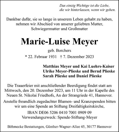 Traueranzeigen Von Marie Luise Meyer Trauer Anzeigende