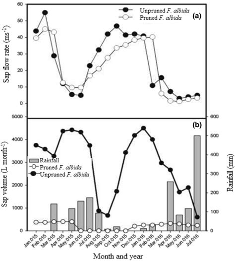 Monthly sap flow rate ms¹ of F albida a and sap volume of Download Scientific Diagram